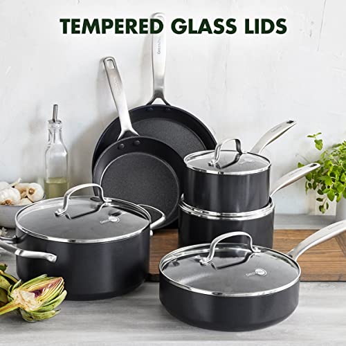 GreenPan SearSmart Hard Anodized Healthy Ceramic Nonstick 10 Piece Cookware Pots and Pans Set, PFAS-Free, Textured Surface, Dishwasher Safe, Oven Safe, Black