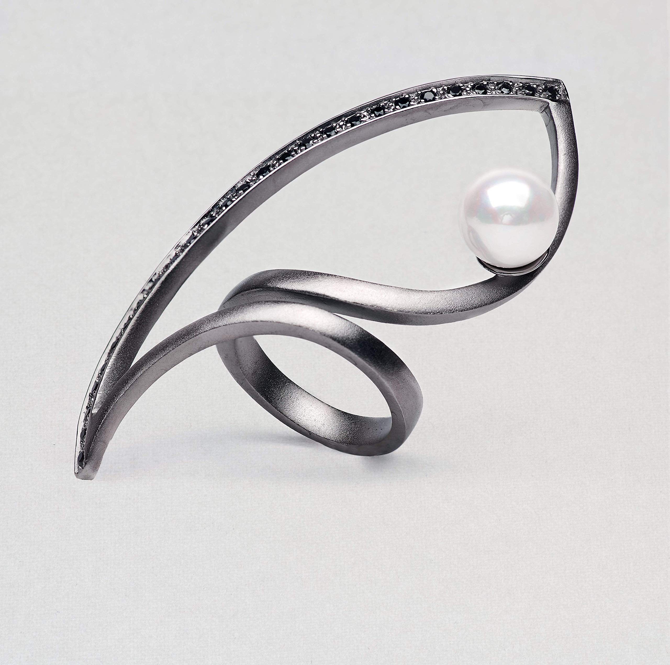 german kabirski Handmade 925 Sterling Silver Pearl and Black Spinel Ring with all Black Rhodium Plating Size 6