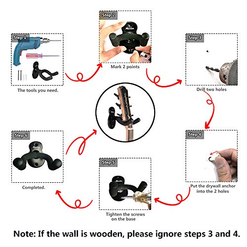 Guitar Wall Mount Hanger 4-Pack, Moodve Metal Guitar Hanger, Guitar-Shaped Guitar Wall Hanger, Black Guitar Holder Stand for Bass Electric Acoustic Guitar Ukulele (Guitar Shape)