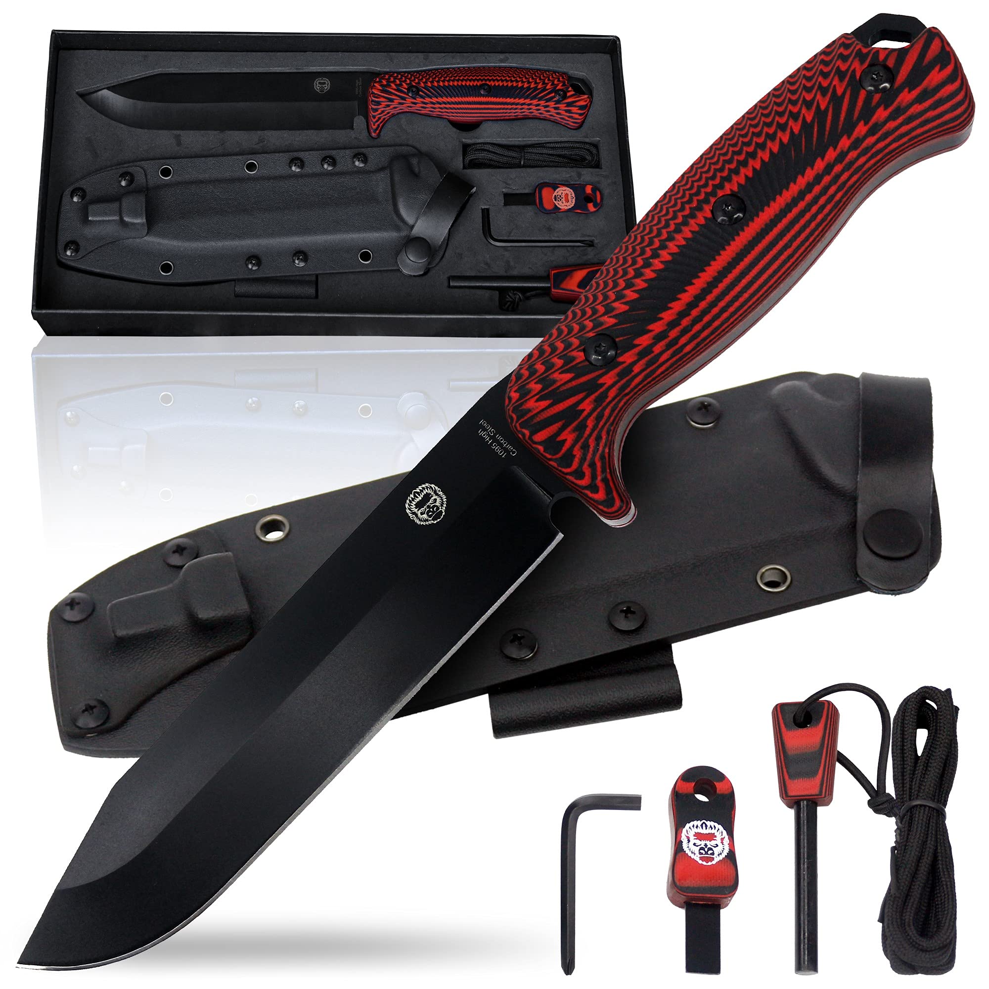 Holtzman's Gorilla Survival 'Mandrill' Fixed Blade Hunting Knife with Sheath, Fire Starter, G10 Scraper & Paracord (Red+Black)