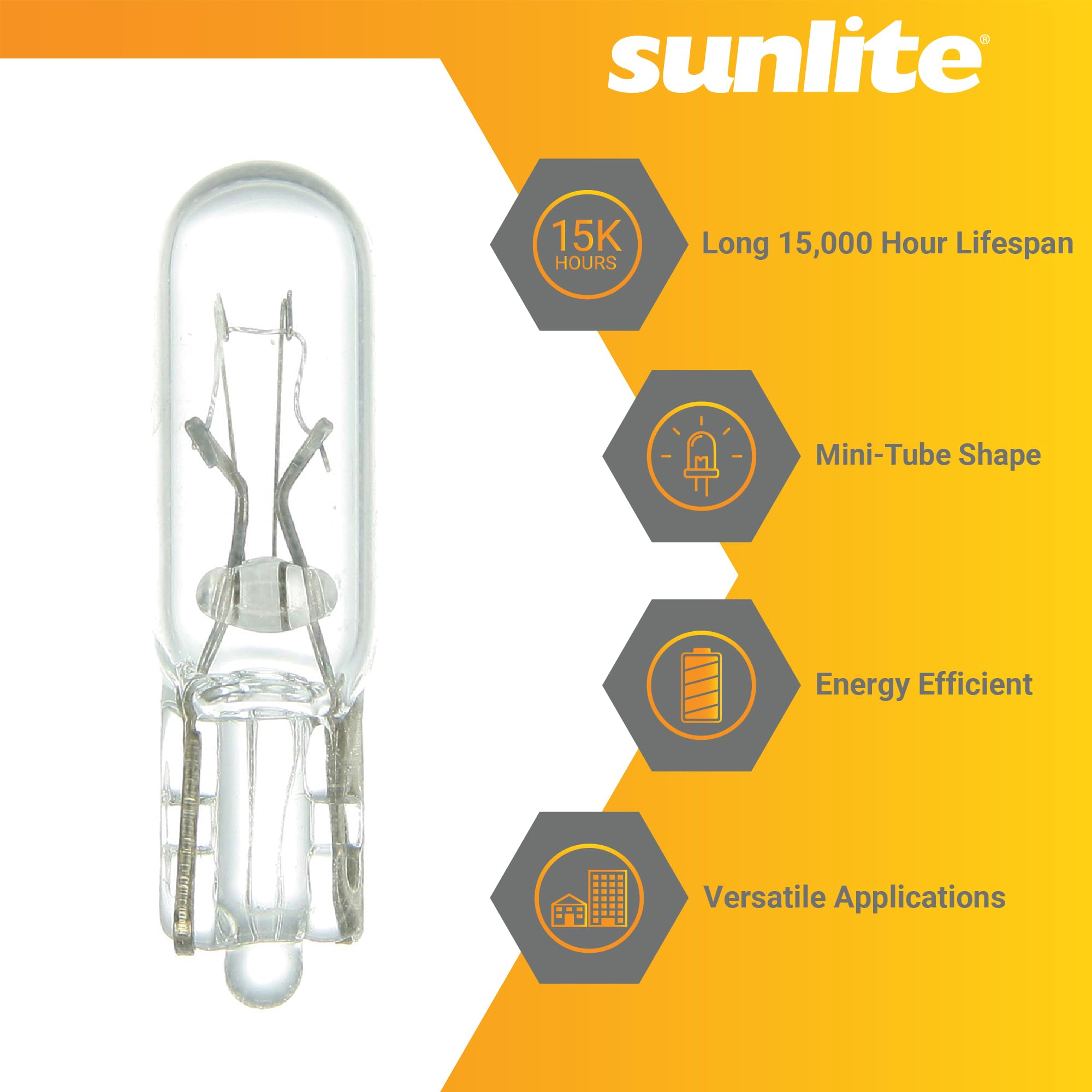 Sunlite T1.75 Mini-Tube Bulb, 1.12 Watts, 4 Lumens, 14 Volts, C-2F Filament, European Glass Wedge W2x4.6d Base, Clear Finish, 2800K Soft White, for Automotive & Indicator Lights, 10 Pack