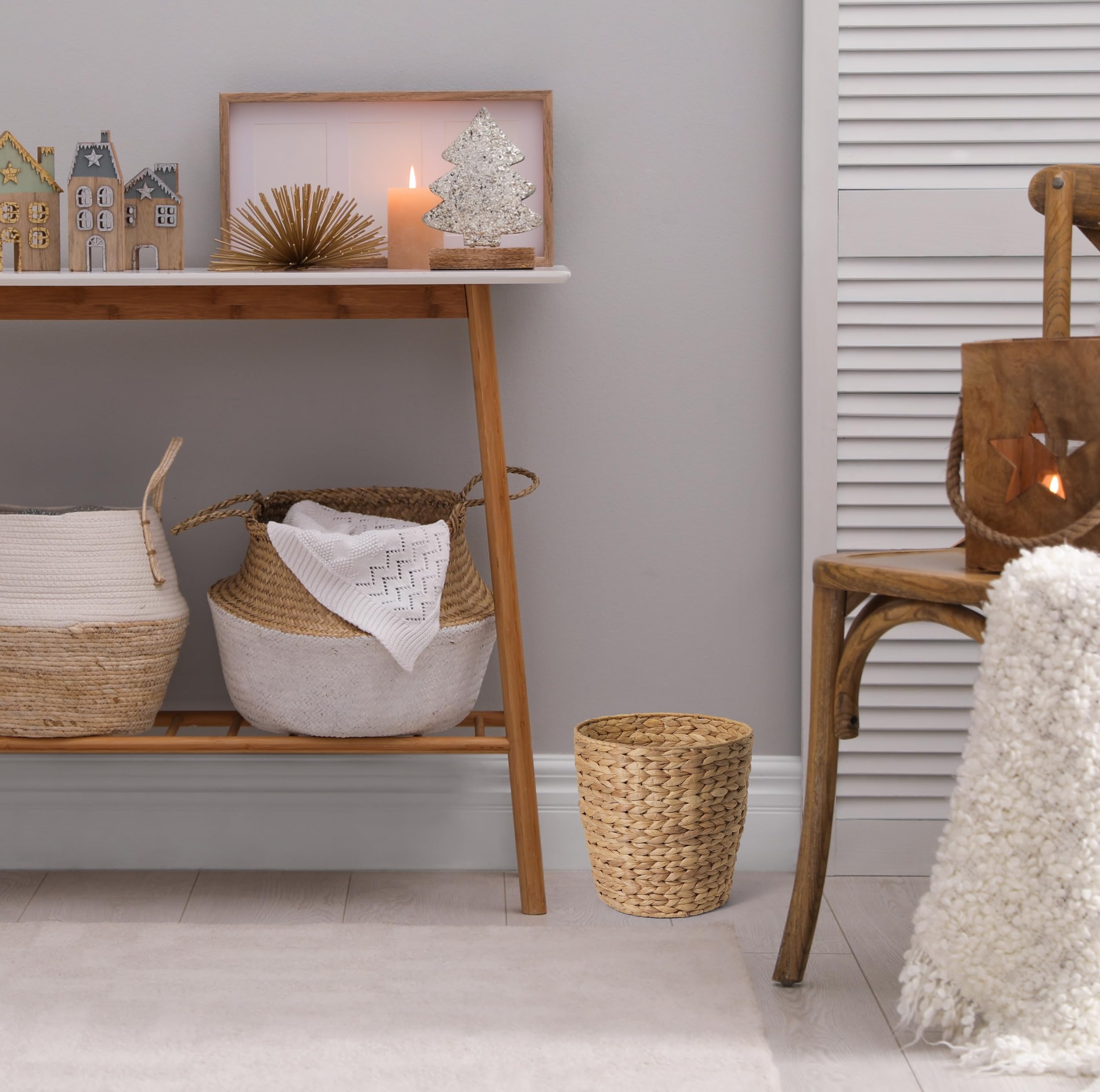 SNOWECRAFT 2-Pack Woven Waste Basket for Bathroom, Bedroom, or Living Room | Wicker Wastebasket Style Handwoven Basket Made from Water Hyacinth | Modern Boho Storage Basket