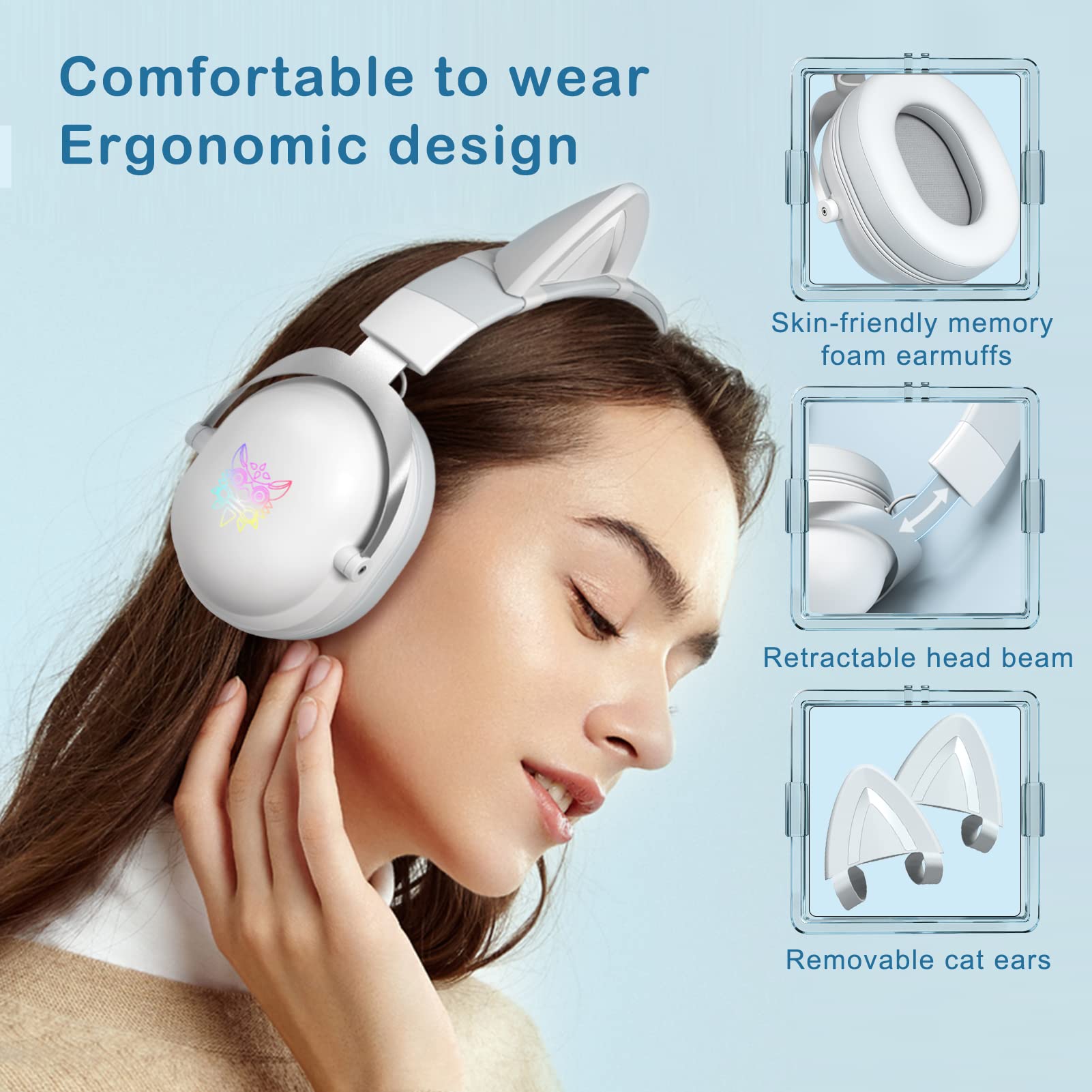 HOLULU Gaming Headset with Removable Cat Ears, Compatible with PC Mobile Phones Tablet, PS5 PS4 Xbox One(Adapter Not Included), with RGB Backlight, Removable Mic, 3.5mm & USB C Plug