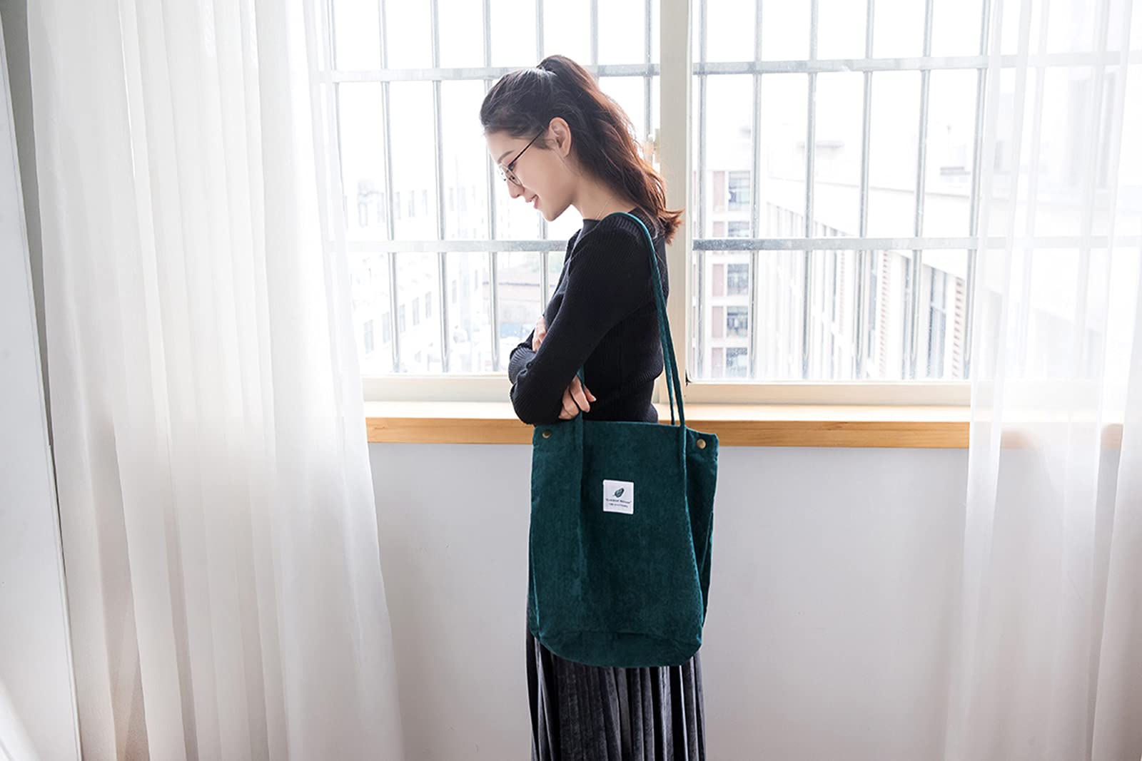 GuaziV Canvas Tote Bag Zipper School Shoulder Bag (Green)