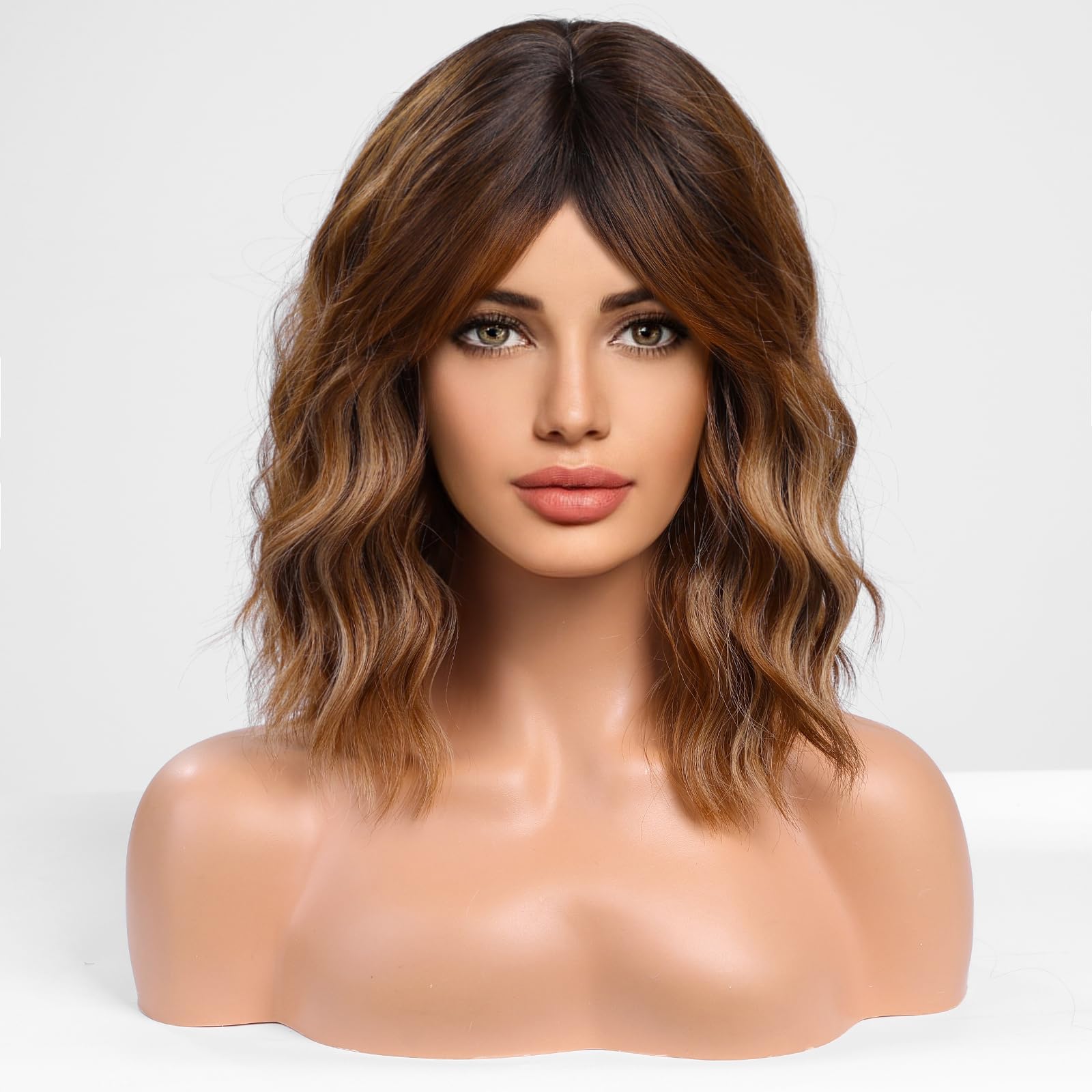 Getshow Brown Bob Wigs for Women,Synthetic Wavy Curly Hair Wig with Bangs for Daily Use