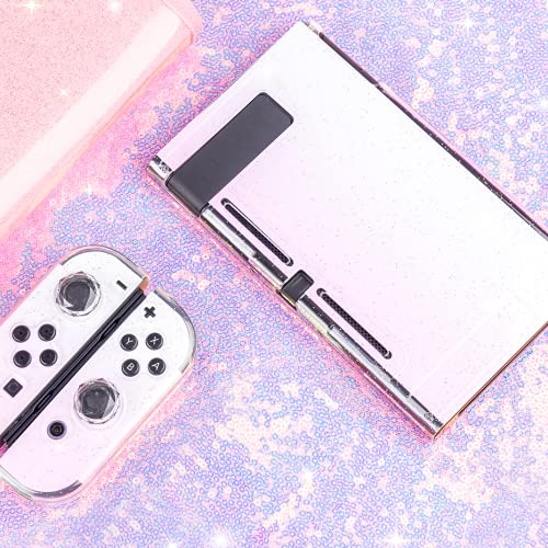 Glitter Switch Bundle | Gradient Shiny Clear Case with Cute Pastel Sticker Wrap Vinyl Decal Crystal Thumb Grips | Compatible with Nintendo Switch (Switch Standard, White Pink)
