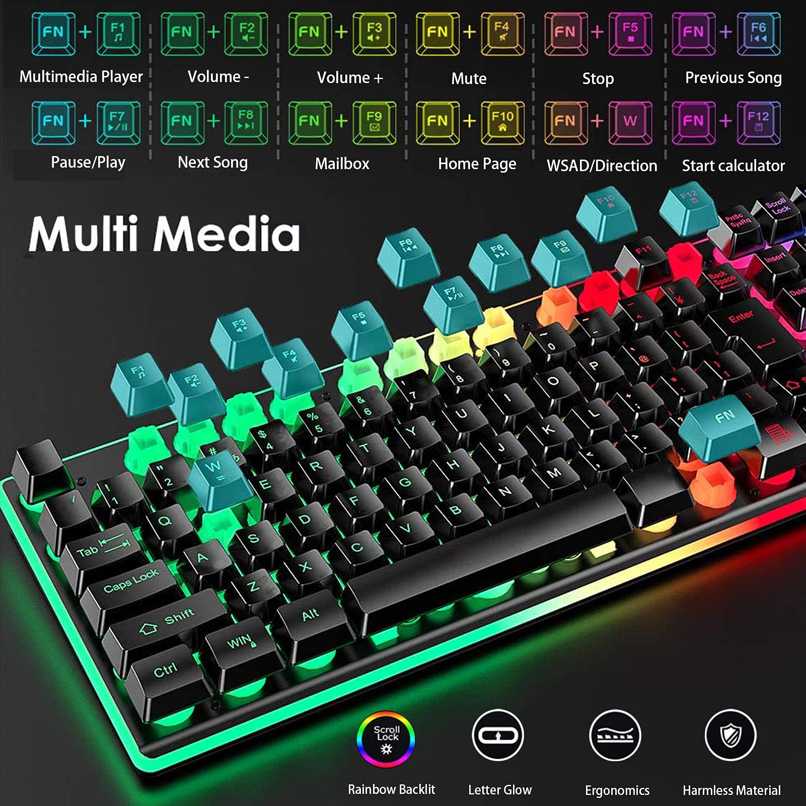 GUIZREN Chroma Rechargeable Wireless Gaming Keyboard, LED Rainbow Backlit, Ergonomic Full Size Keyboard with 7 Color Changing Multimedia Keys, for Teclado Gamer PC, Computer, Desktop, Laptop