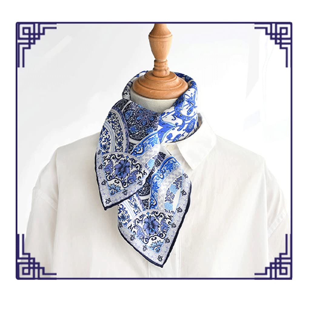 JHHDP Blue and White Porcelain Silk Scarf Spring Ladies Silk Scarf Small Square Headband Bag Ladies (Color : A, Size : One Size)
