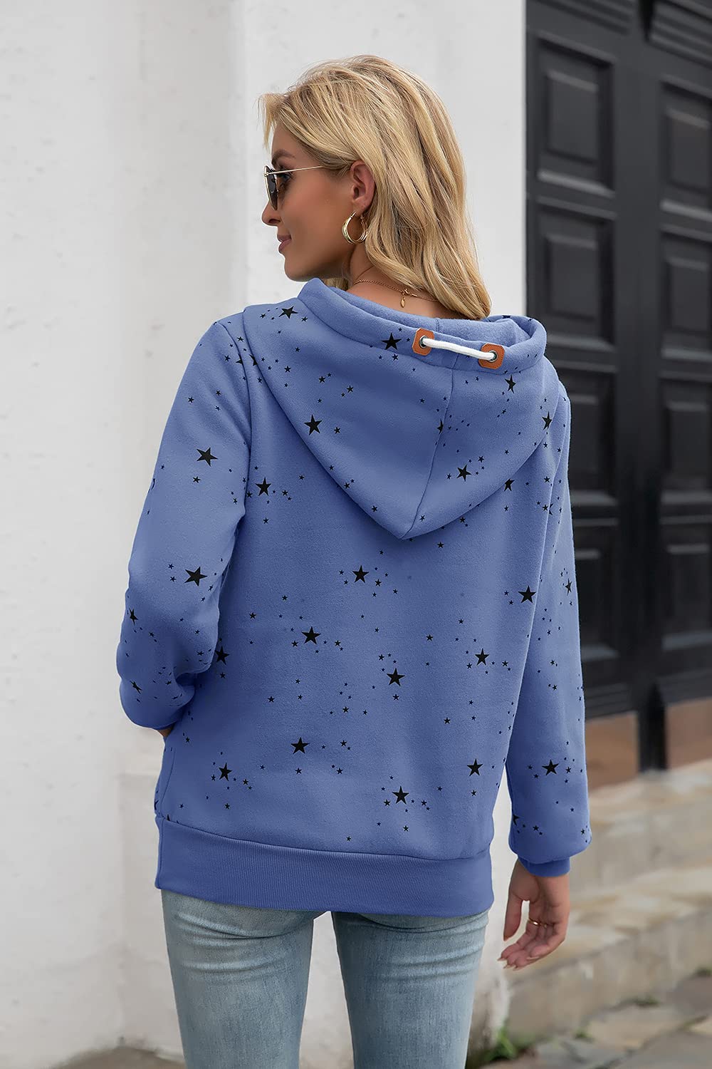 Kapoohott Womens Hoodies Long Sleeve High Necked Printed Hoodies Casual Comply Pullover Sweatshirts with Pockets(Blue,S)