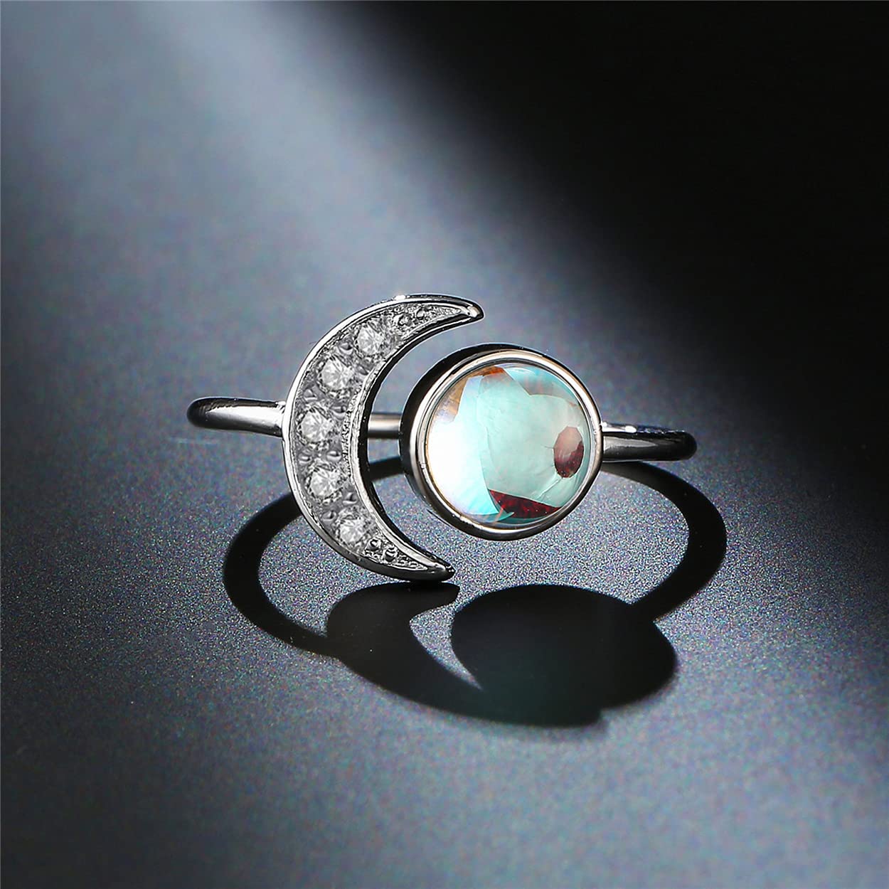 GOLD XIONG PADISHAH Exquisite 925 Sterling Silver Ring White Created selenite Sun and Moon Jewelry Birthday Princess Love Band Rings Open Size Adjustabl