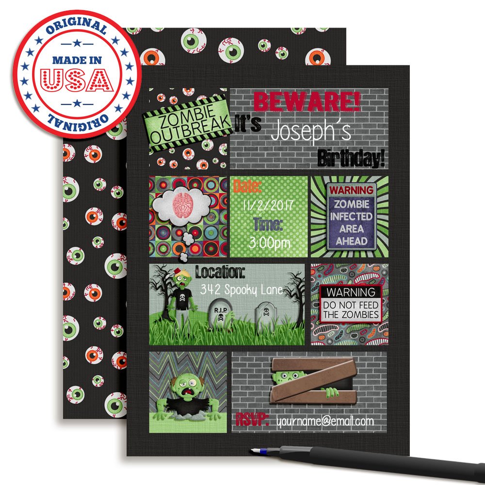 Zombie Outbreak Halloween Birthday Party Invitations, 20 5x7 Fill In Cards with Twenty White Envelopes by AmandaCreation