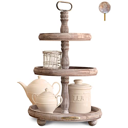 SensaCasa 3 Tier Tray - Farmhouse Three Tiered Tray Vintage ā Rustic Brown Wooden 3 Tiered Tray Stand ā 3 Tier Serving Trays - Farmhouse Kitchen Decor ā Wood stand Deluxe Edition