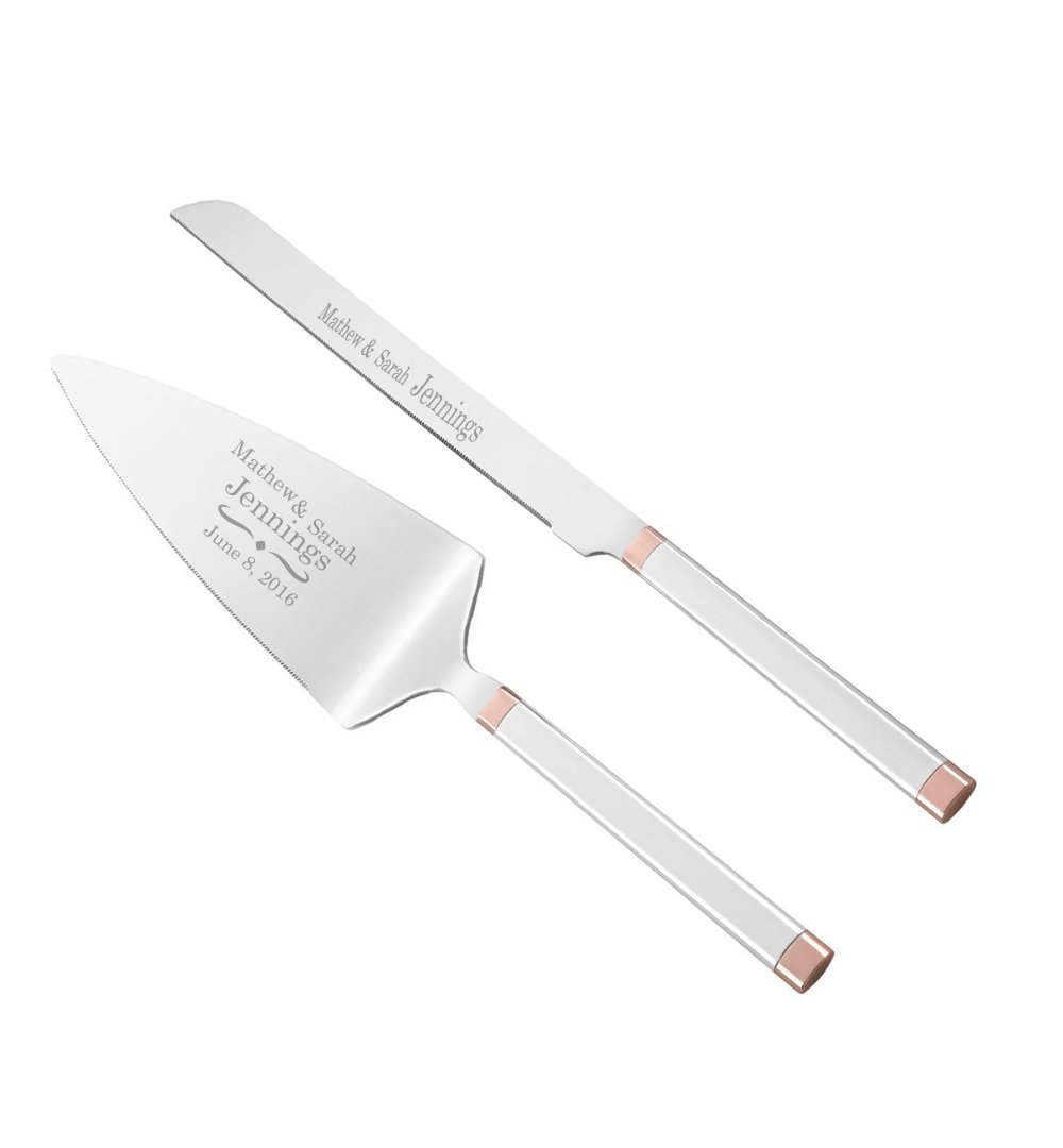 Kate Spade Bridal Rosy Glow Personalized Wedding Cake Knife and Server Set, Custom Engraved Wedding Cake Cutting Set for Bride and Groom