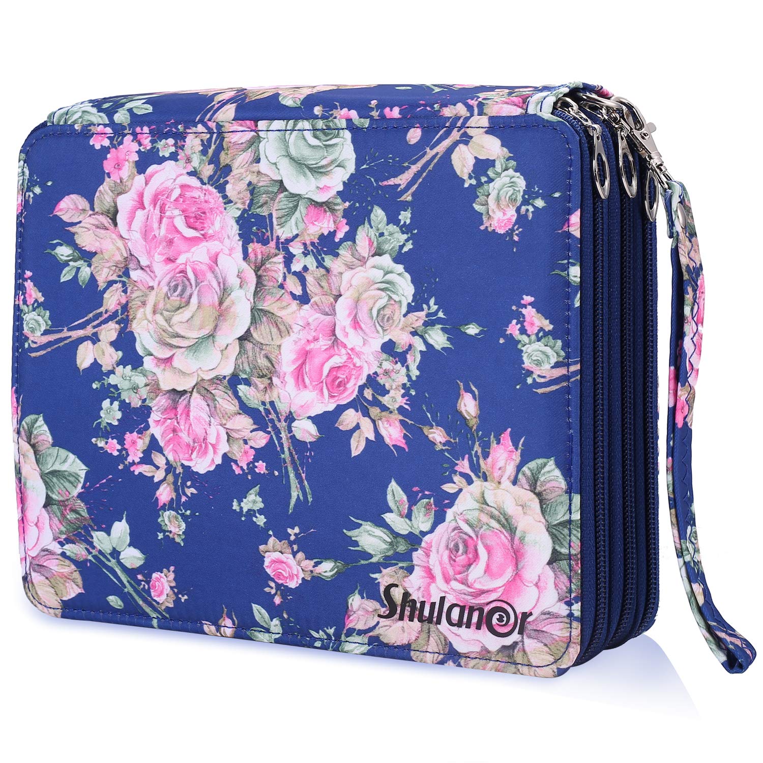 Shulaner 120 Slots Colored Pencil Case with Zipper Closure Large Capacity Blue Rose Oxford Pen Organizer Flower Pencil Holder