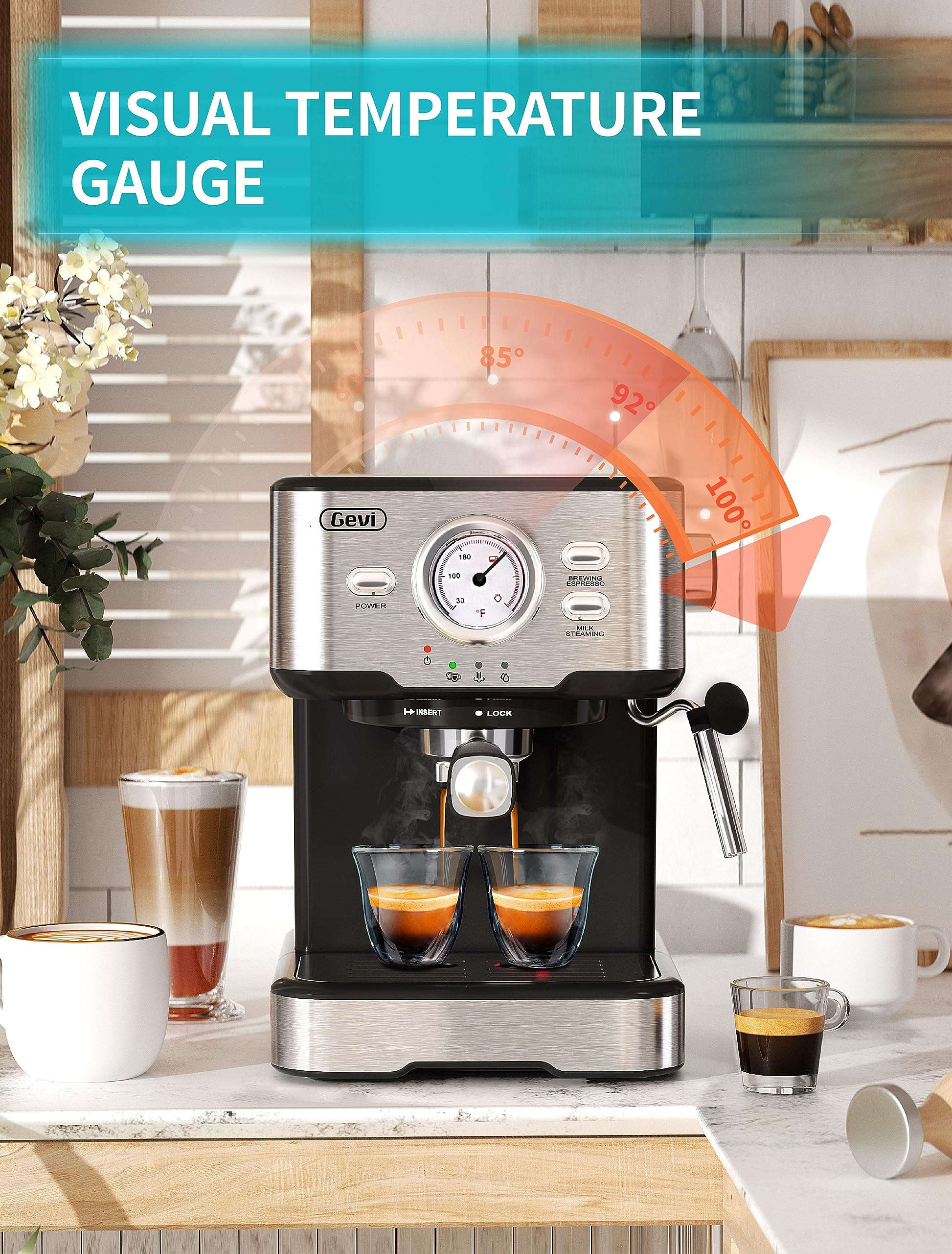 Gevi 20 Bar Compact Professional Espresso Coffee Machine with Milk Frother for Espresso, Latte and Cappuccino Burr Coffee Grinder with 35 Precise Grind Settings, Beige