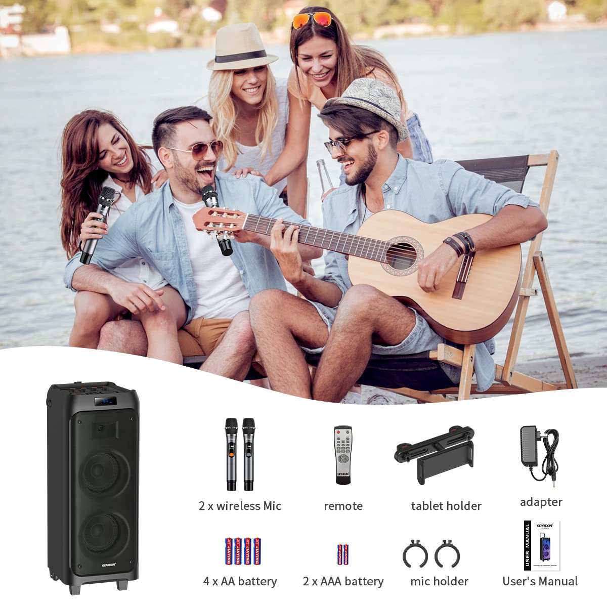Karaoke Machine with Lyrics Display Screen for Adults, Built-in 15 Inches Tablet & Wifi, Portable Outdoor Bluetooth Loud-Speaker w/Wireless Microphones for Singing Party, Recording, DJ Lights