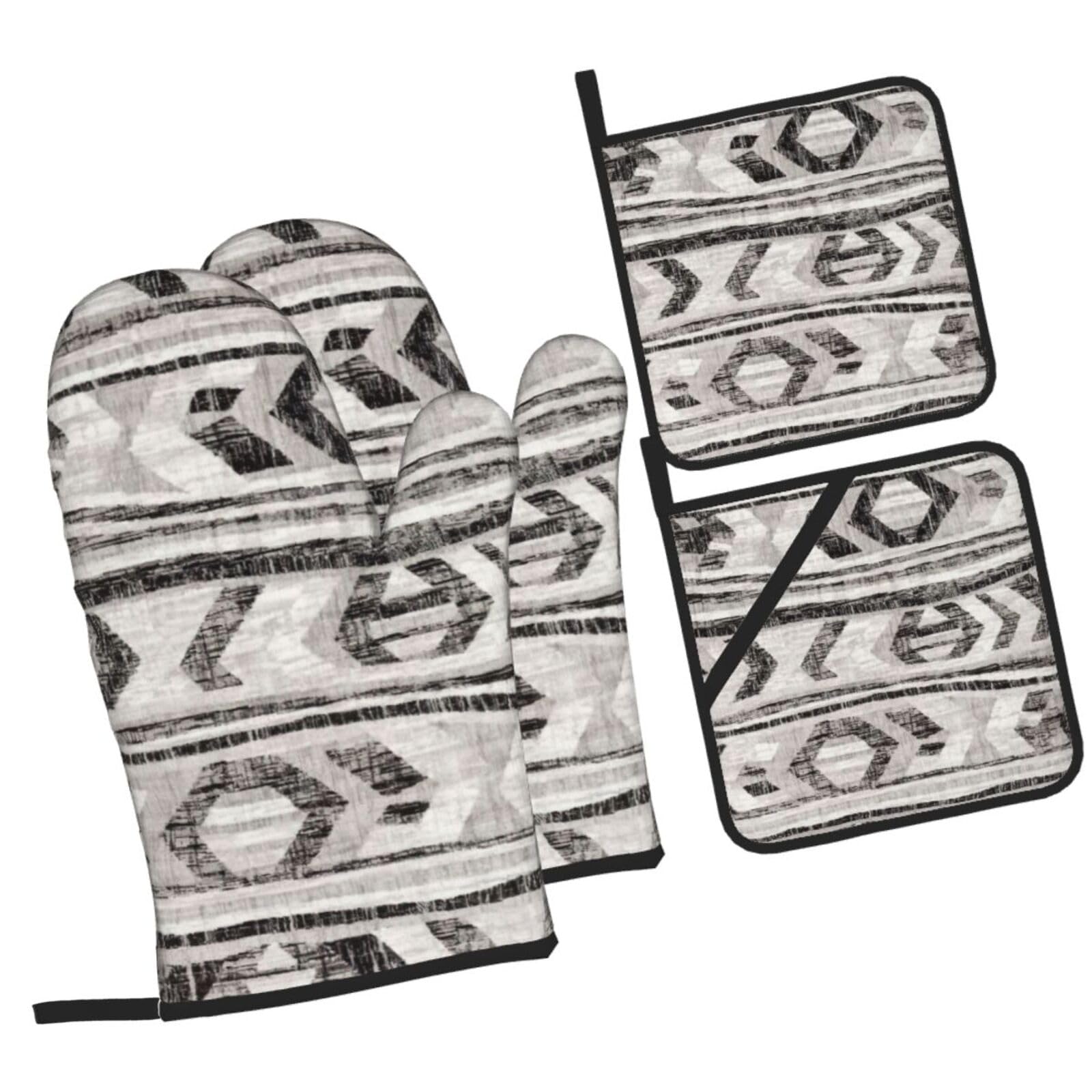 Grey Tribal Kitchen Baking 4-Piece Set–Heat Resistant Oven Mitts and Pot Holders Kitchen Hot Pads