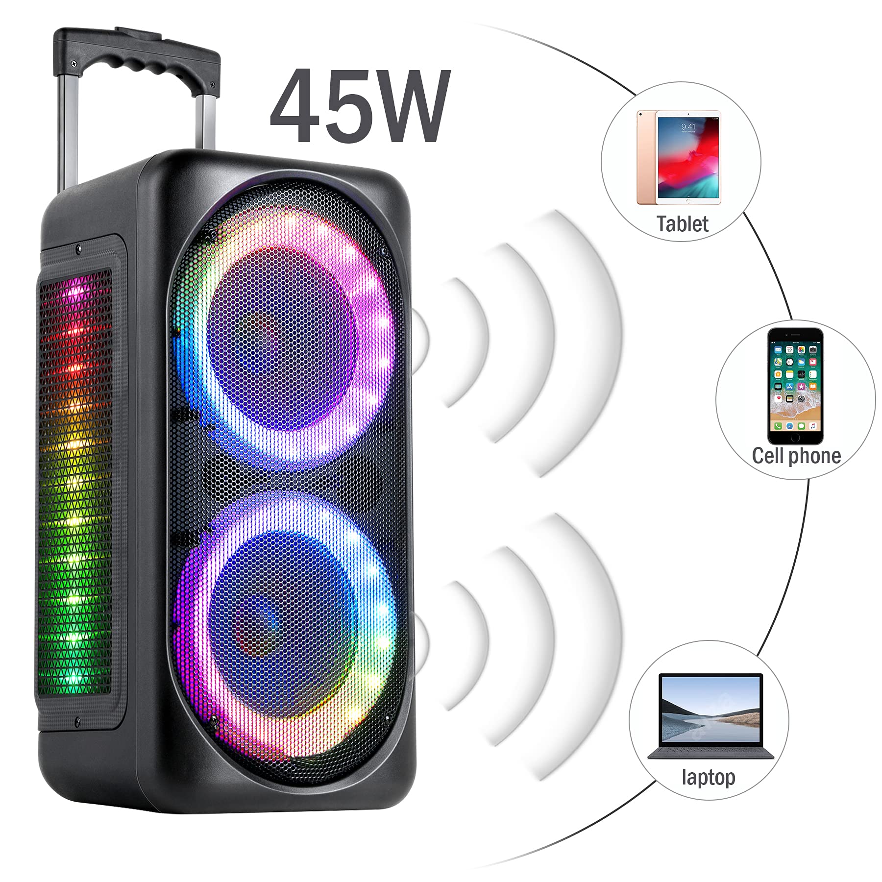 Karaoke Machine w. Microphone & Tablet Holder Rechargeable Wireless Portable Party Bluetooth Trolley Speaker Outdoor Amplifier System 8" x2 Dual Speakers 3-Side LED Disco Lights NuBoom