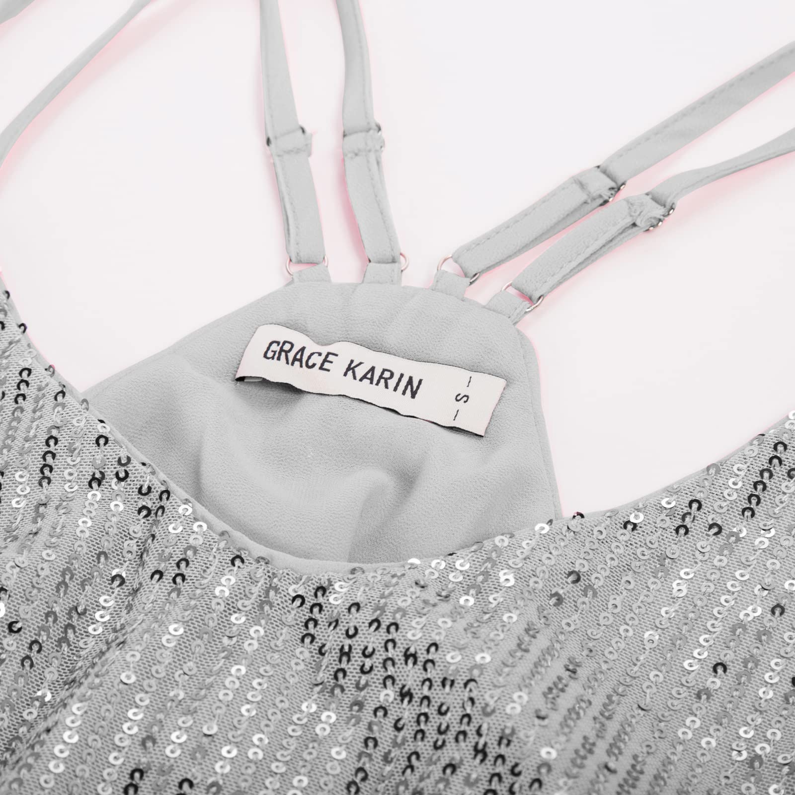 GRACE KARIN Women's Sleeveless Sparkle Shimmer Camisole Vest Double Strap Sequin Tank Tops Silver Grey