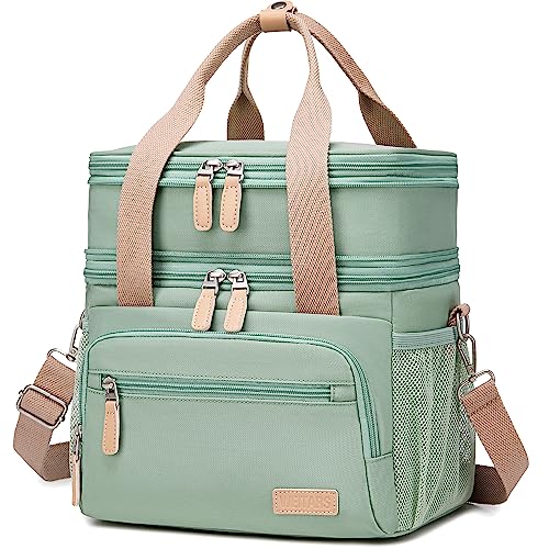 Weitars Insulated Lunch Box for Women Men-Dual Compartment Waterproof Reusable Large Lunch Bag for Women Wide-Open Tote Cooler Bag For Working Picnic Hiking (15L) (Green)