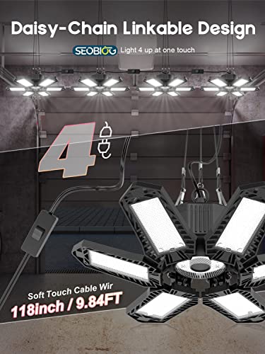 SEOBIOG 2 Pack Plug in Garage Light, Upgraded 200W 20000LM Linkable LED Shop Light, 6500K Ceiling Lights w/ 6 Deformable Panels for Garage, Warehouse, Barn, Basement (Built-in ON/Off Switch)