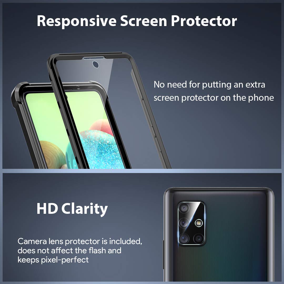 HATOSHI Samsung Galaxy A71 5G Case with Built in Screen Protector - Not for Verizon A71 5G UW, A71 4G, Military Grade Heavy Duty Protection, Crystal Clear Back, Full-Body Rugged Phone Case