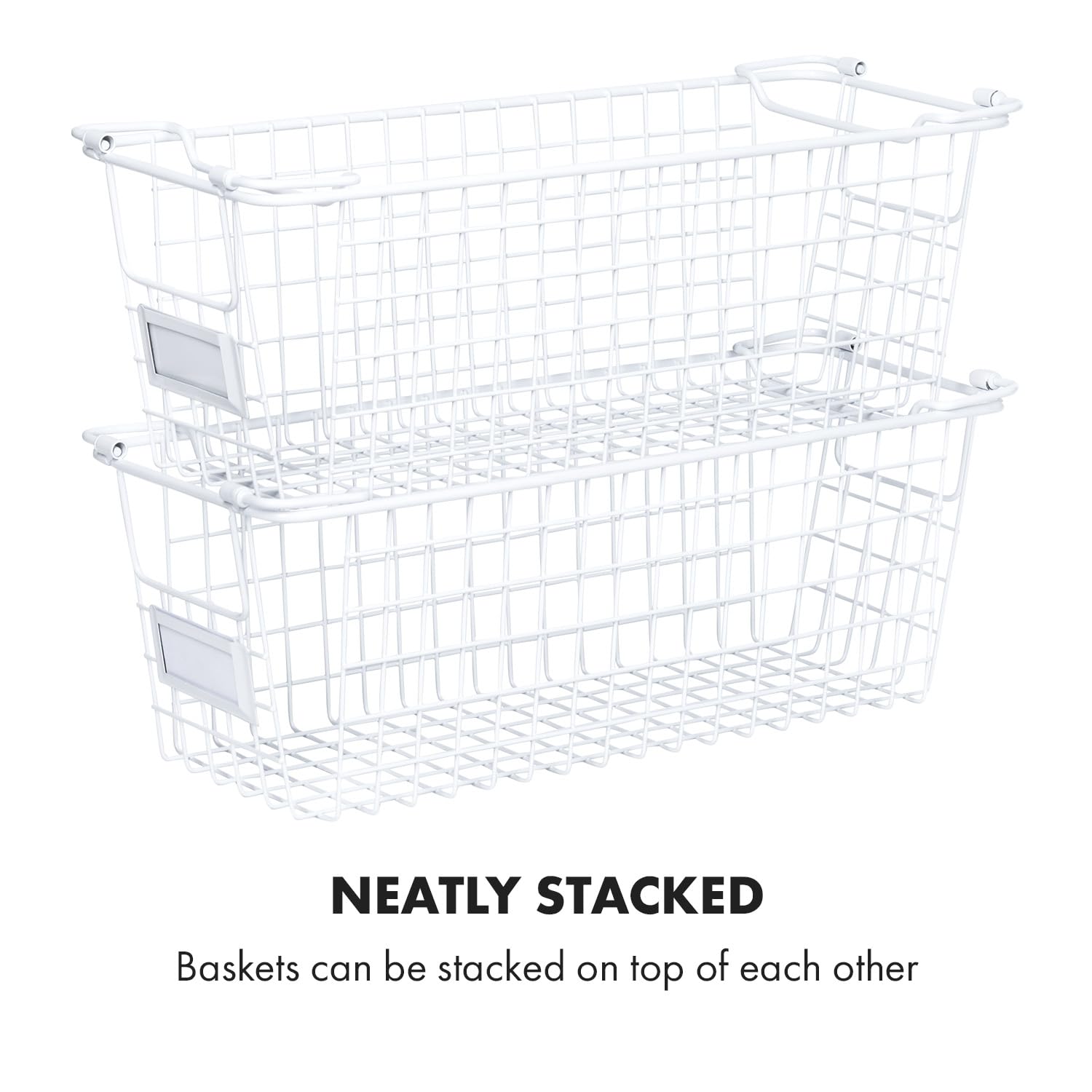 Granrosi Stackable Wire Baskets for Organizing - Set of 2 White Wire Storage Baskets with Handles; Freezer Baskets; Snacks & Chips Organizer for Pantry