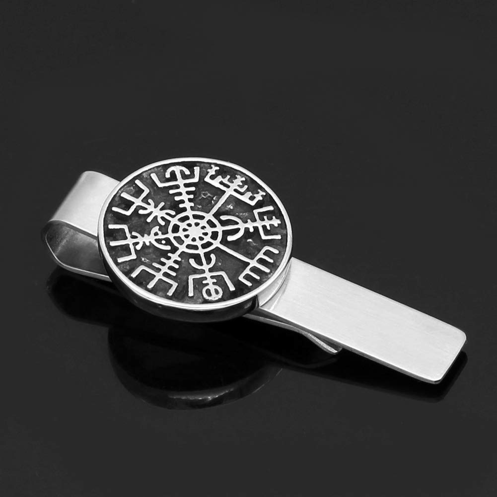 GuoShuang Stainless steel Nordic Viking rune compass amulet Tie Clips small size with valknut gift bag