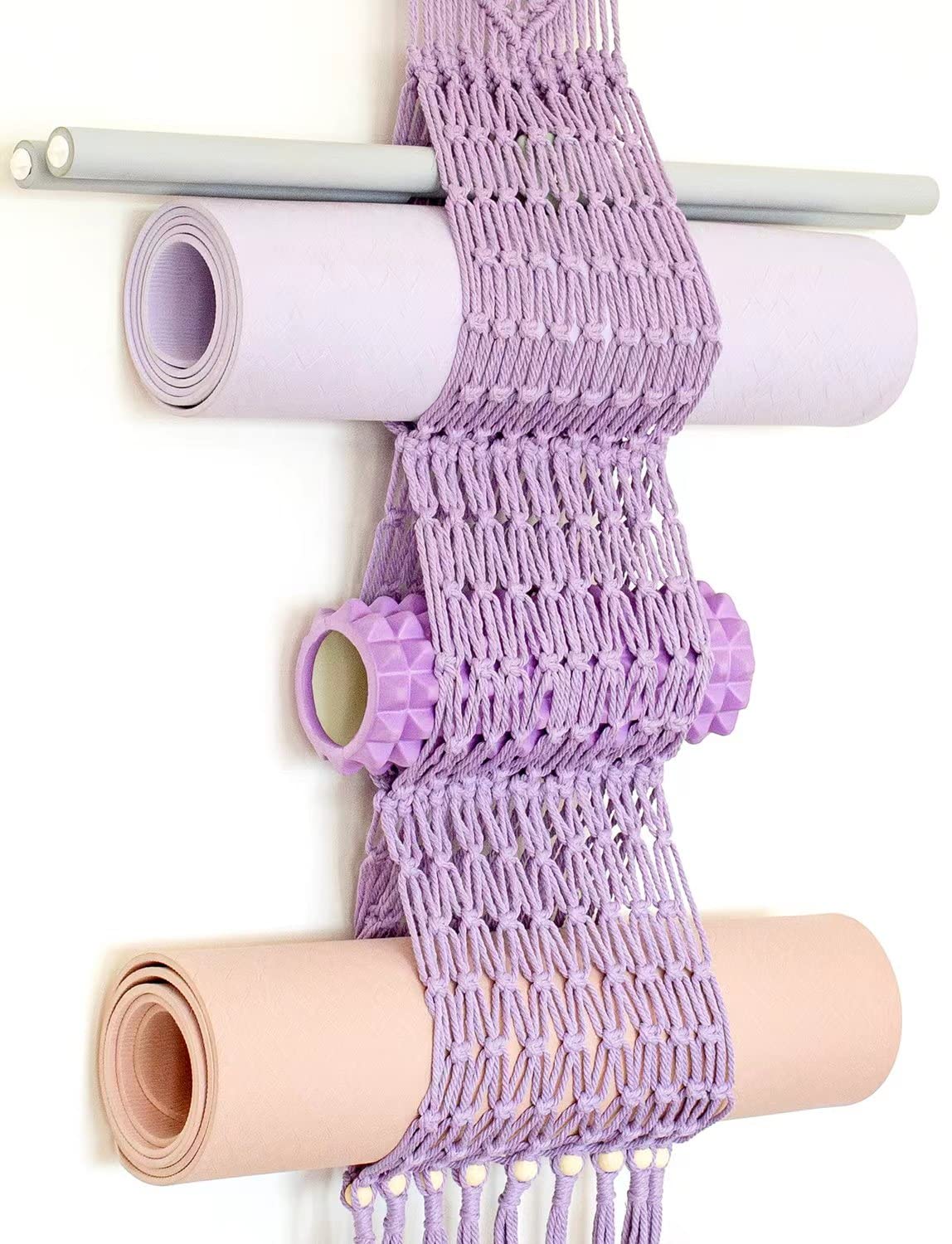 Macrame Yoga Mat Holder Wall Mount Yoga Mat Foam Roller Wall Hanging Rack for Yoga Mat Storage Organizer with 3 Sizes Easy Access Pocket Boho Gym Home Decor-Purple (Pastel Lavender)