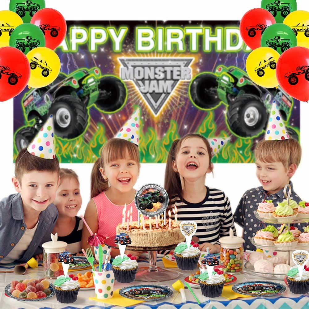 Monster Jam Party Supplies Plates Monster Truck Decorations Birthday Decor Backdrop Banner