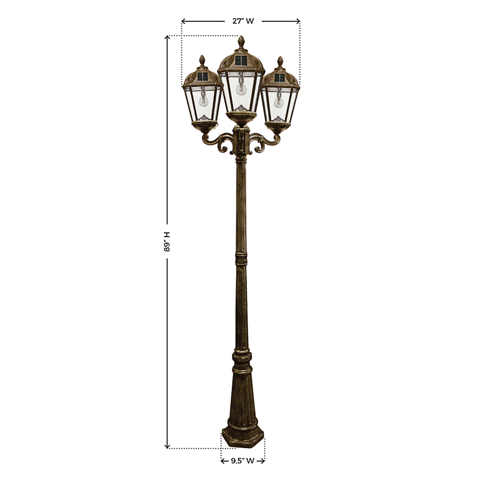 Gama Sonic Royal Bulb Solar Lamp Post Light Kit, 89 inch Tall, Outdoor Triple Head Weathered Bronze Cast Aluminum, Beveled Glass Post Lamp, Light Pole, Warm White Light 2700K 98B303 (Upgraded Panel)