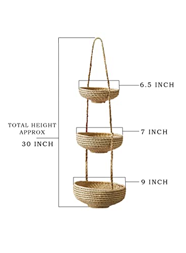 Serene Spaces Living Hanging Raffia Baskets for Your Kitchen – 3 Fair Trade Handmade Decorative Storage Baskets from Madagascar for Fruit and Vegetables