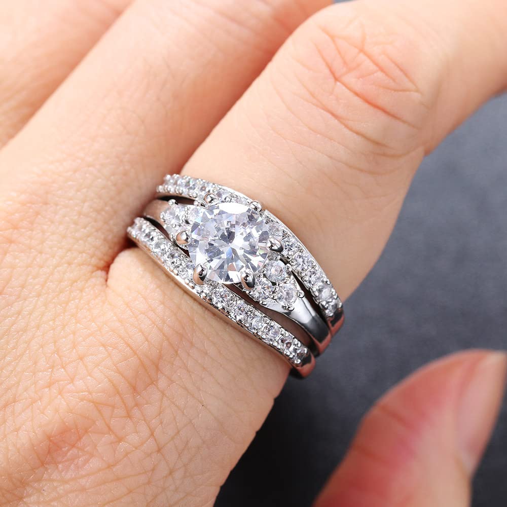Jude Jewelers Platinum Plated Three-in-One Wedding Engagement Statement Proposal Valentines Halo Bridal Ring Set (Silver, 8)