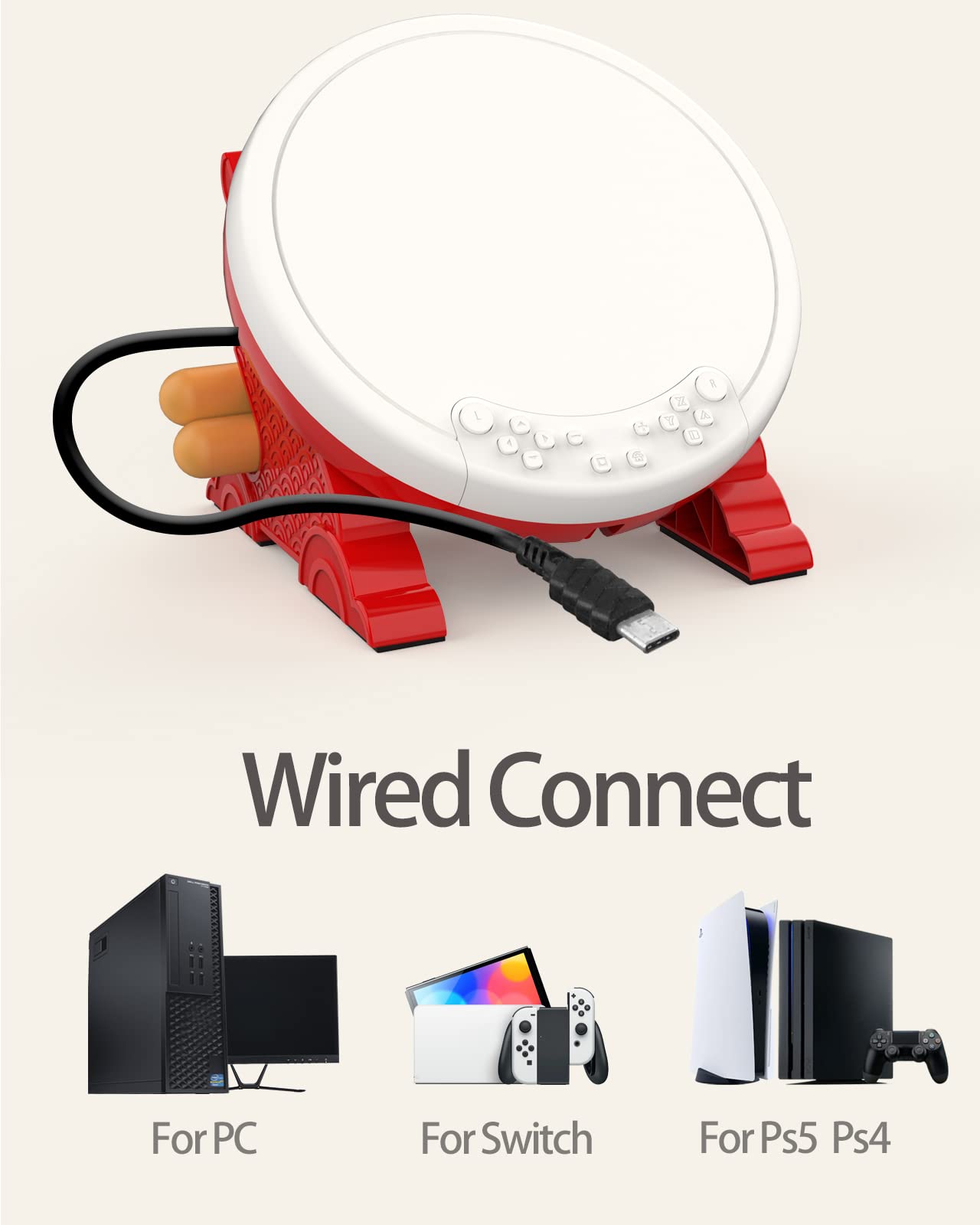 IINE Taiko Drum Controller for Nintendo Switch/PS4/PC,Bonus Two Drum Sticks,1.8m Wired Drum Controller for Taiko no Tatsujin Game Red