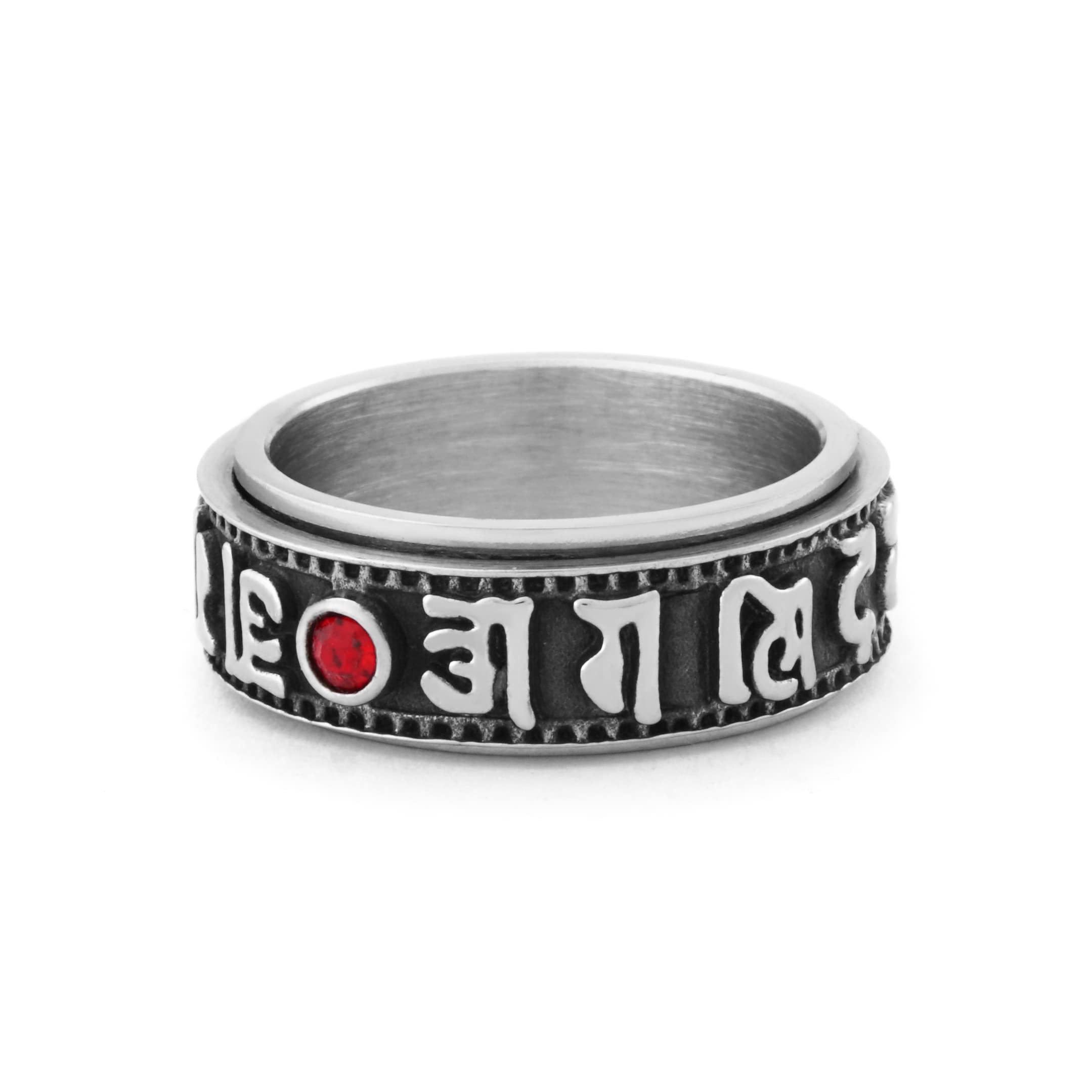 Gungneer Om Six Mantra Words Ring Stainless Steel Pink Rhinestone Amulet Against Evil Unlucky Unique Personality Jewelry