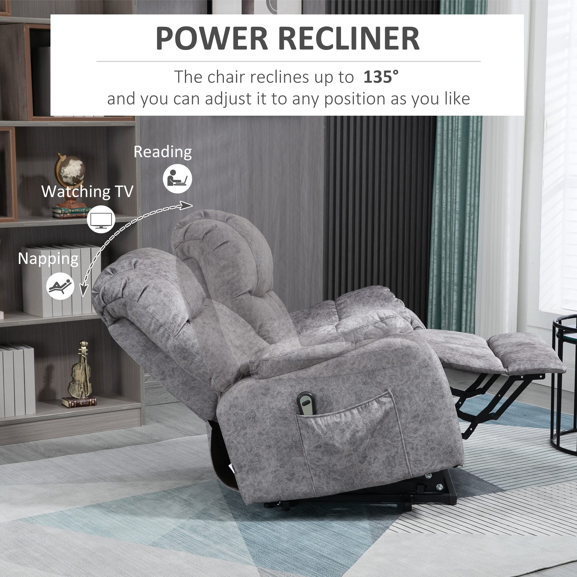 HOMCOM Power Lift Chair, Electric Recliner for The Elderly, Compact Living Room Chair with Side Pocket & Remote Control, Gray