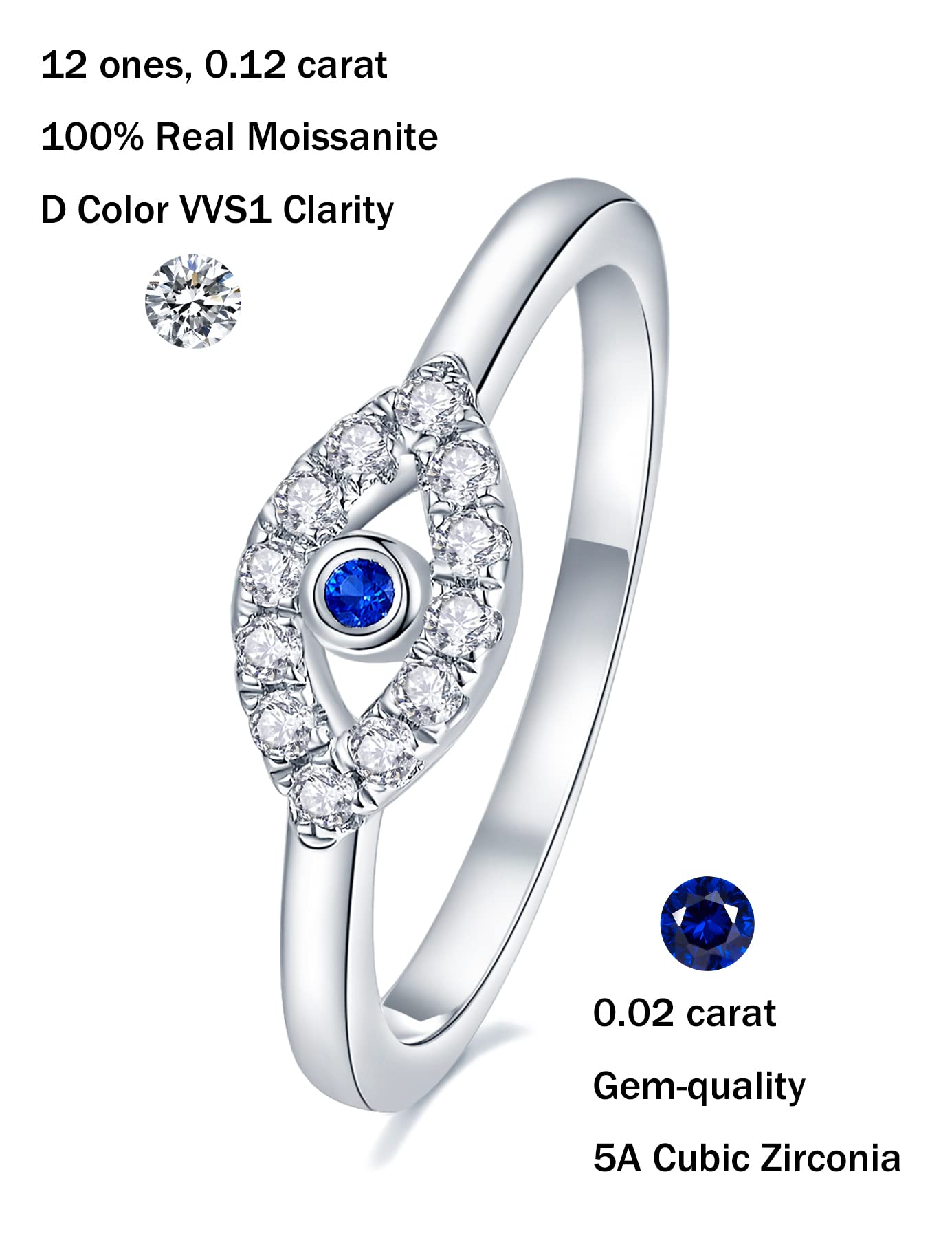 IMOLOVE Moissanite Evil Eye Ring, Wedding Rings for Women, 0.14ct D Color VVS1 Sterling Silver Rings Half Eternity Stackable Engagement Ring Size 4-10-8