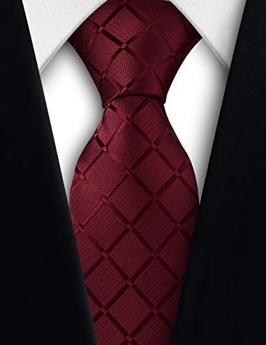 GUSLESON 3.15"(8cm) Men's Burgundy Plaid Tie Fashion Necktie Clip and Pocket Square Cufflinks Sets (6102-30)