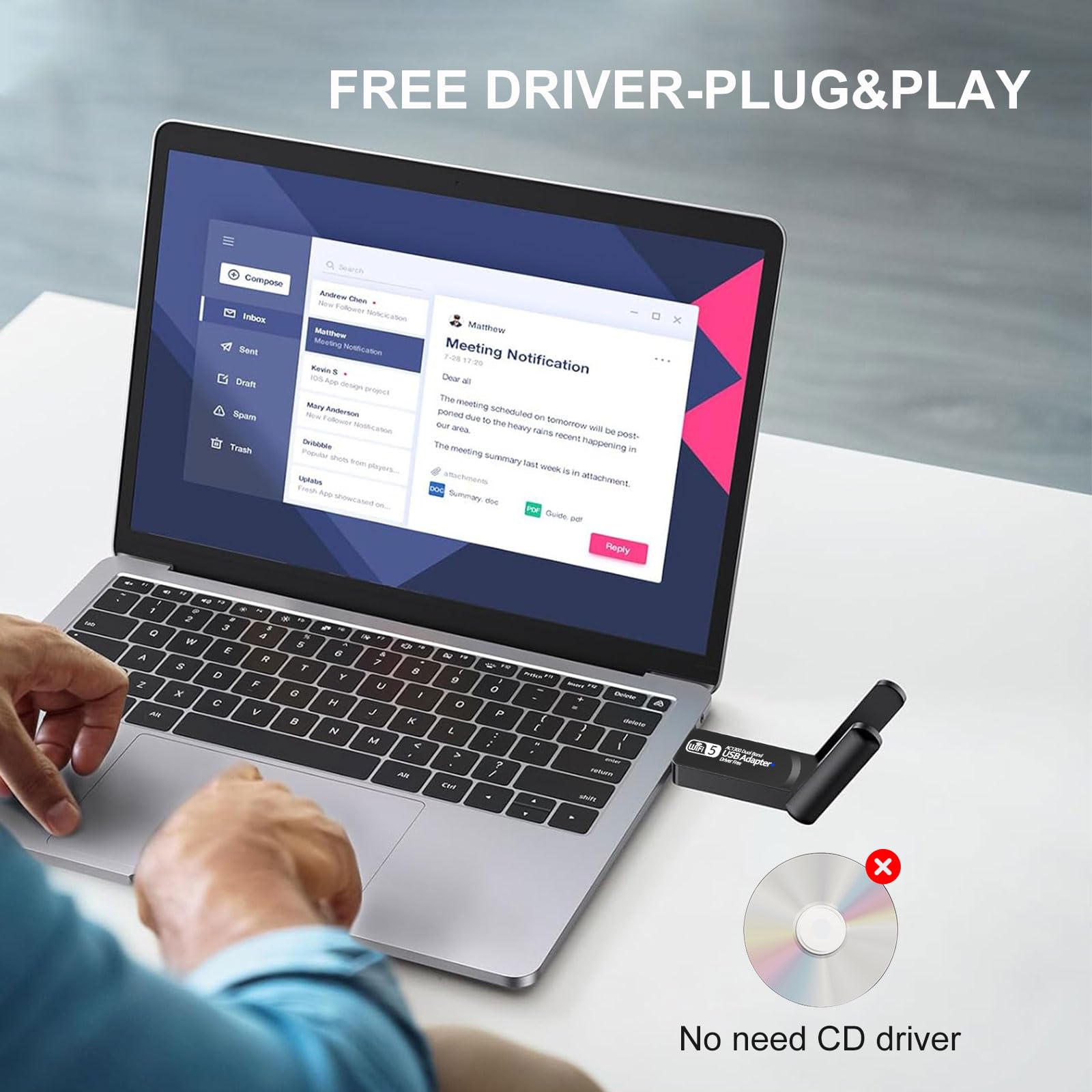 Free Driver USB WiFi Adapter 1300Mbps, Dual Band Wireless Network Adapter, 802.11ac WiFi Dongle for Desktop Laptop PC, Supports Windows 11/10-Plug and Play, Dual 5dBi High Gain Antennas