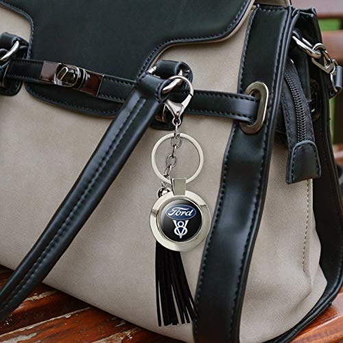 GRAPHICS & MORE Ford Vintage V8 Logo Chrome Plated Metal Round Leather Tassel Keychain