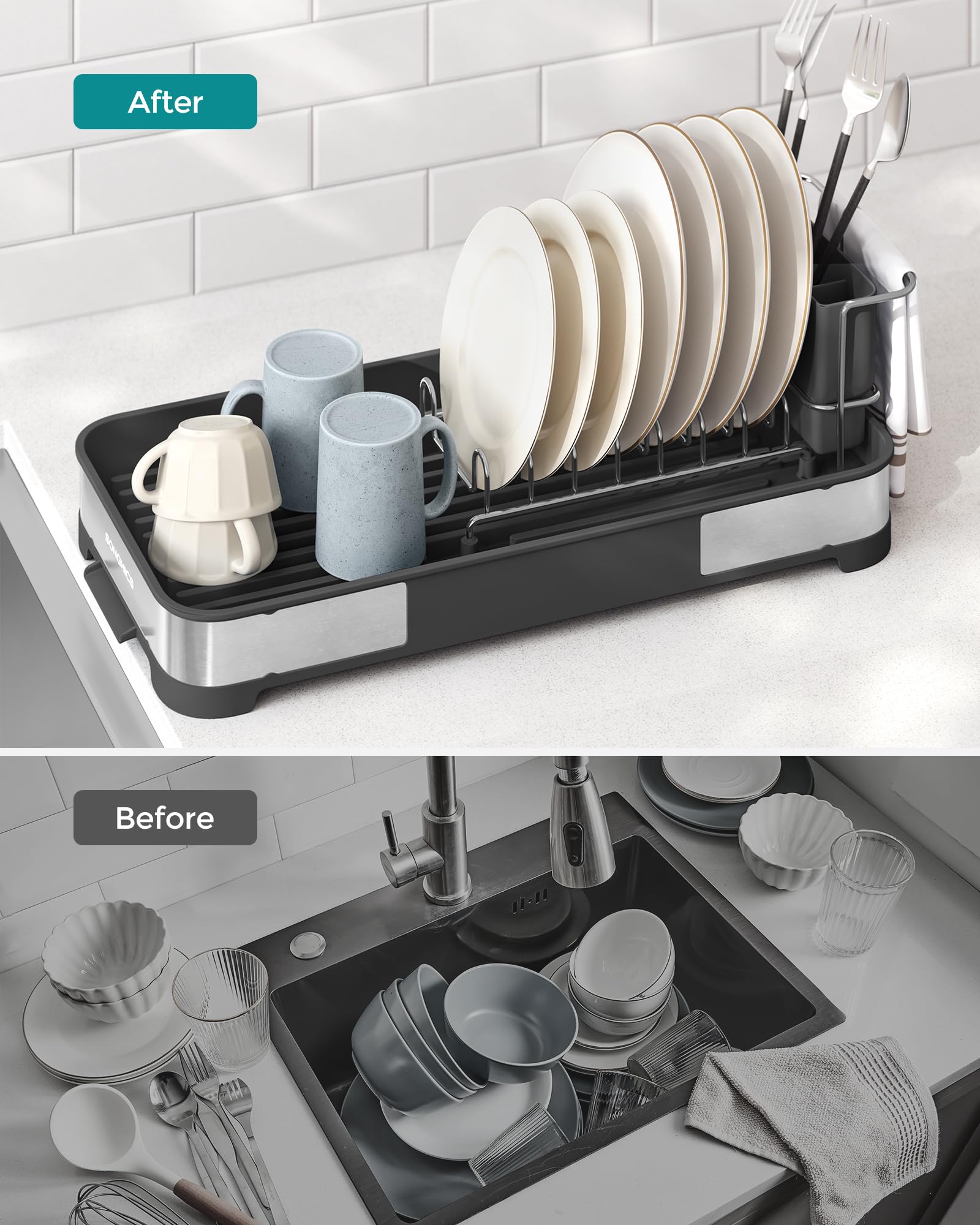 SONGMICS Small Dish Drying Rack, Dish Dryer for Kitchen Counter, Stainless Steel Dish Rack with Drain, Utensil Holder, Rustproof, for Dishes, Knives, Spoons, Forks, Silver and Black UKCS034B01