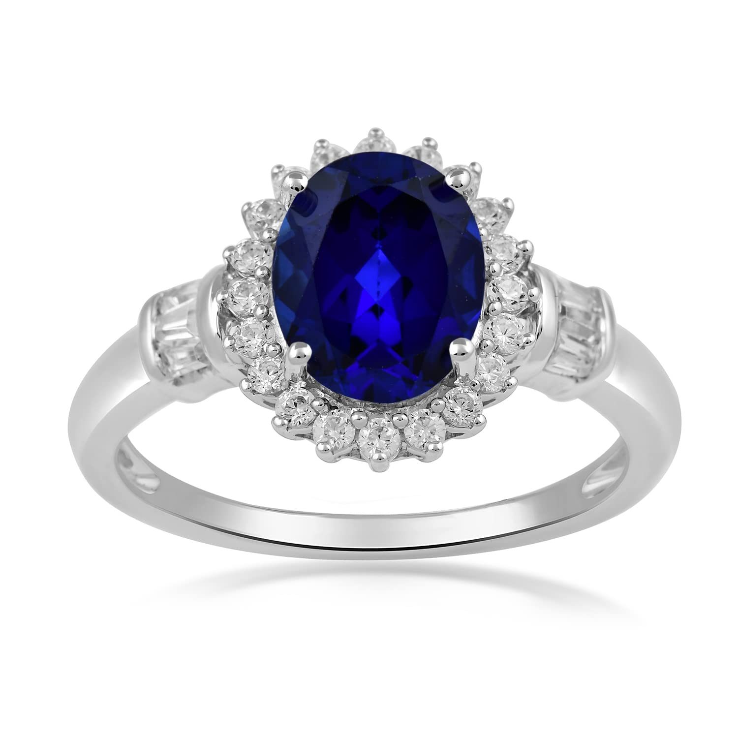 Jewelili Sterling Silver 9X7 MM Oval Created Blue Sapphire with Round and Baguette Created White Sapphire Halo Engagement Ring, Size 7
