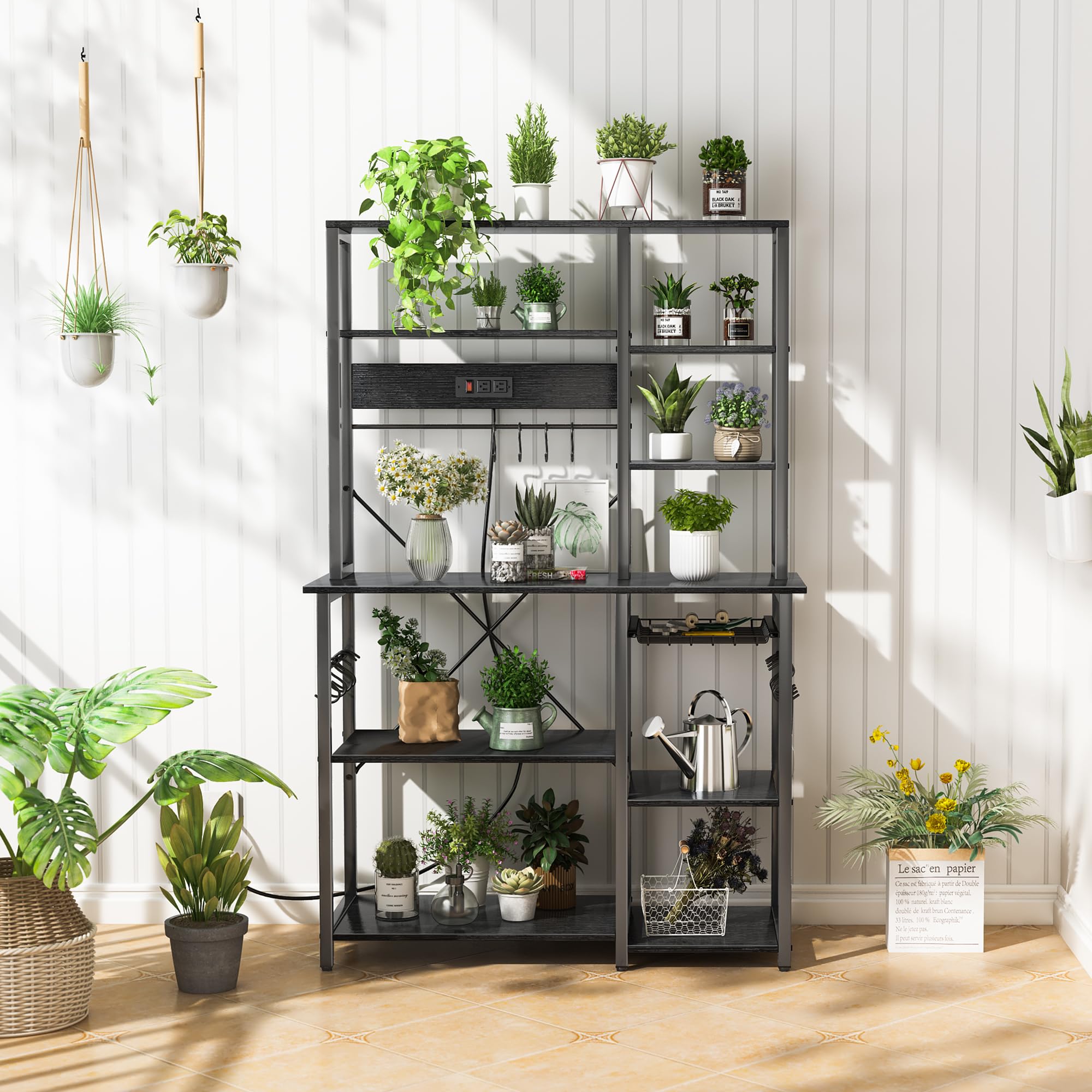 SUPERJARE Large Bakers Rack with Power Outlets, 6-Tier Microwave Stand, Coffee Bar with 12 S-Shaped Hooks, Kitchen Shelf with Wire Basket, 39.3 x 15.5 x 66.9 Inches, Black