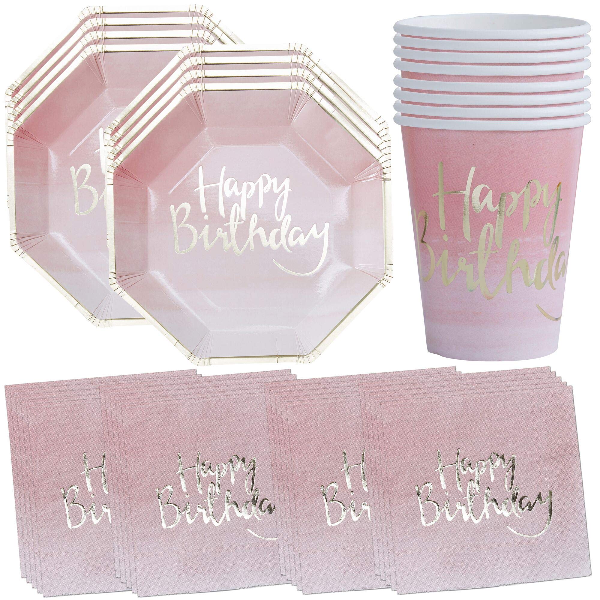 Ginger Ray Pink Ombre Happy Birthday Party Supplies Bundle | Paper Plates, Cups and Napkins