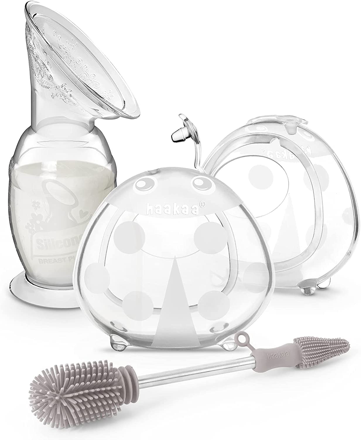 haakaa Silicone Breast Pump 100ml & Ladybugs Milk Collector 75ml Combo,Silicone Catcher,Silicone Shells Nipple Therapy,Must Have for Breastfeeding, Clear White, 3 Piece Set