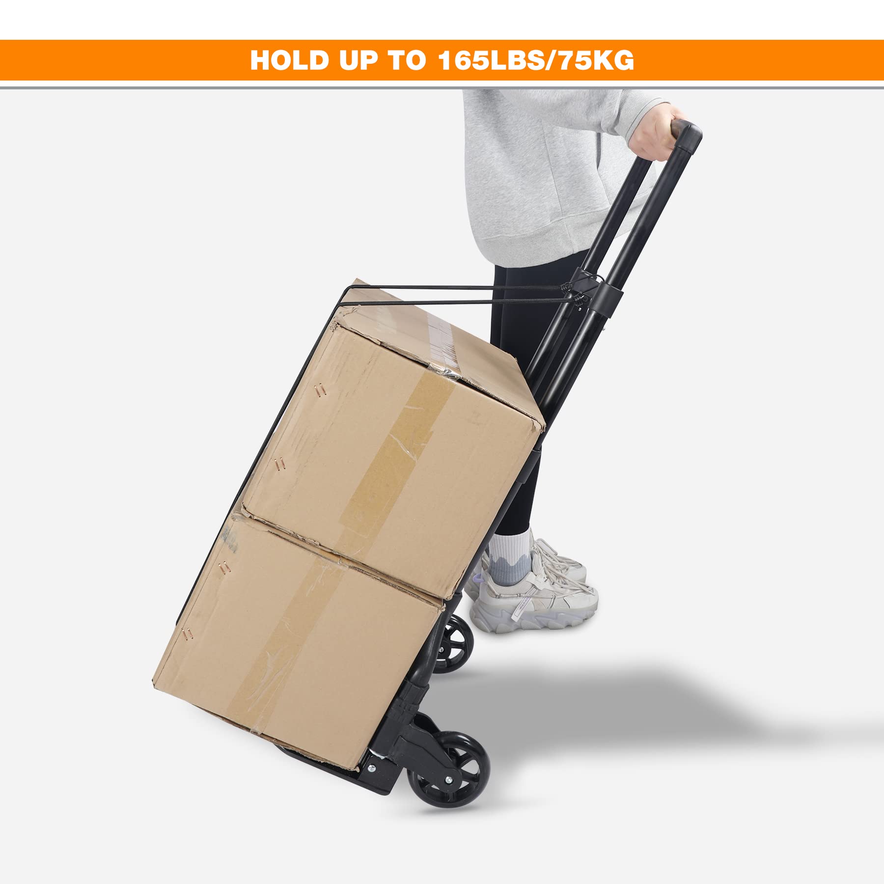 Varbucamp Folding Hand Truck with Telescoping Handle, 165lbs Capacity Aluminum Portable Luggage Trolley Cart, Hand Cart and Dolly with Black Bungee Cord and Rubber Wheels, Black