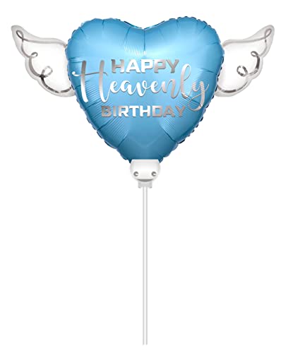 Heavenly Balloons on a stick Happy Heavenly Birthday blue balloon heart shaped with angel wings