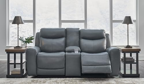 Signature Design by Ashley Mindanao Modern Leather Match Upholstered Power Reclining Loveseat with Console, USB Ports and Cup Holders, Gray