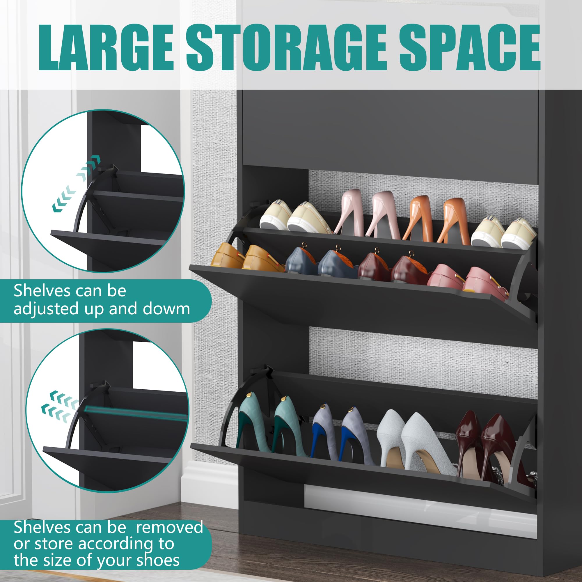 Wodeer Shoe Cabinet with 3 Flip Drawers,Wood Entryway Shoe Storage Cabinet,Freestanding Shoe Rack Storage Organizer for Entryway, Hallway, Black,9.33" D x 31.5" W x 47.2" H