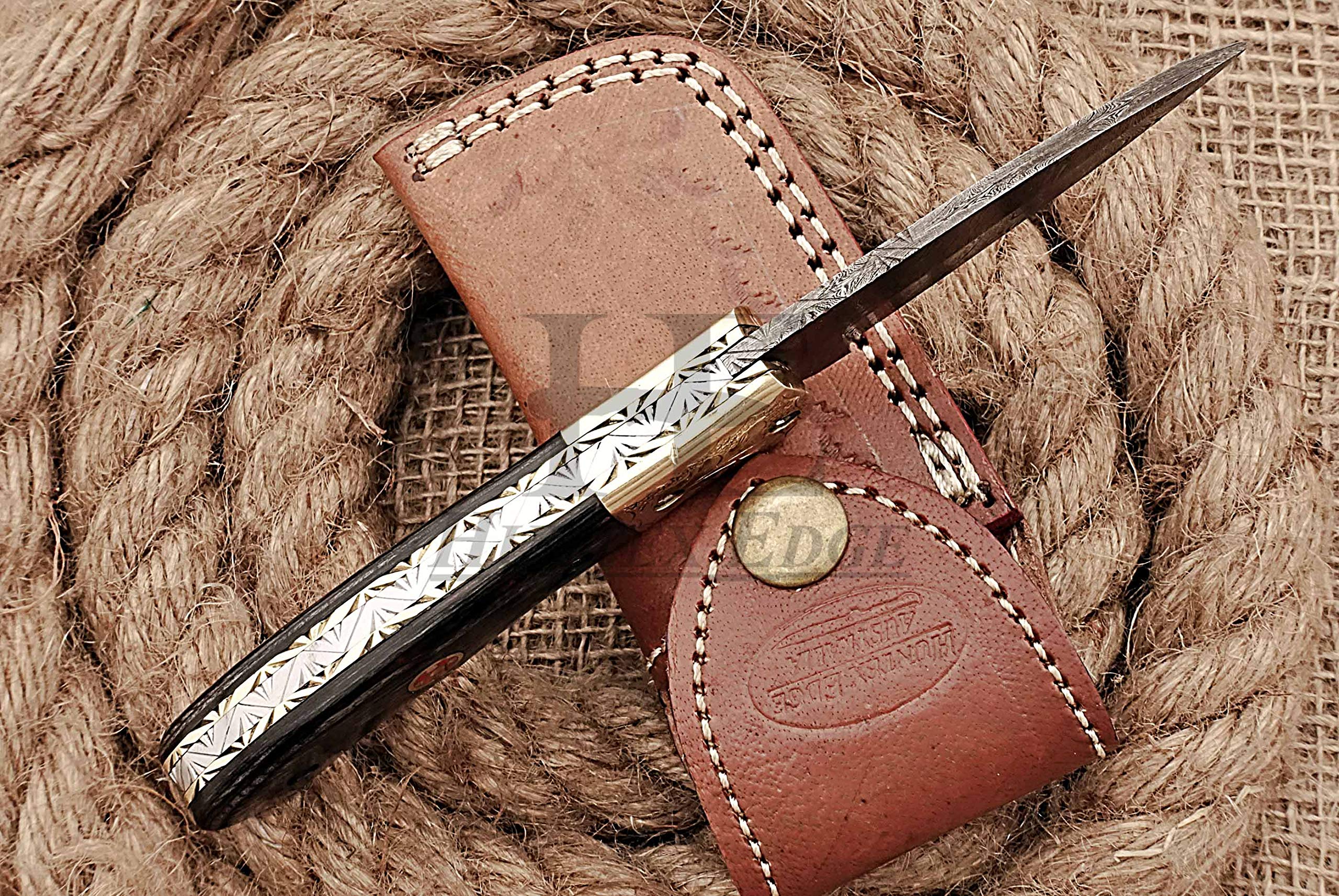 HUNTEX Custom Handmade Hand-Forged Twist Pattern Damascus Steel 4 Inch Long Pakka Wood Handle Razor Sharp Hunting Camping Folding Pocket Drop Point Knife with Genuine Leather Pouch
